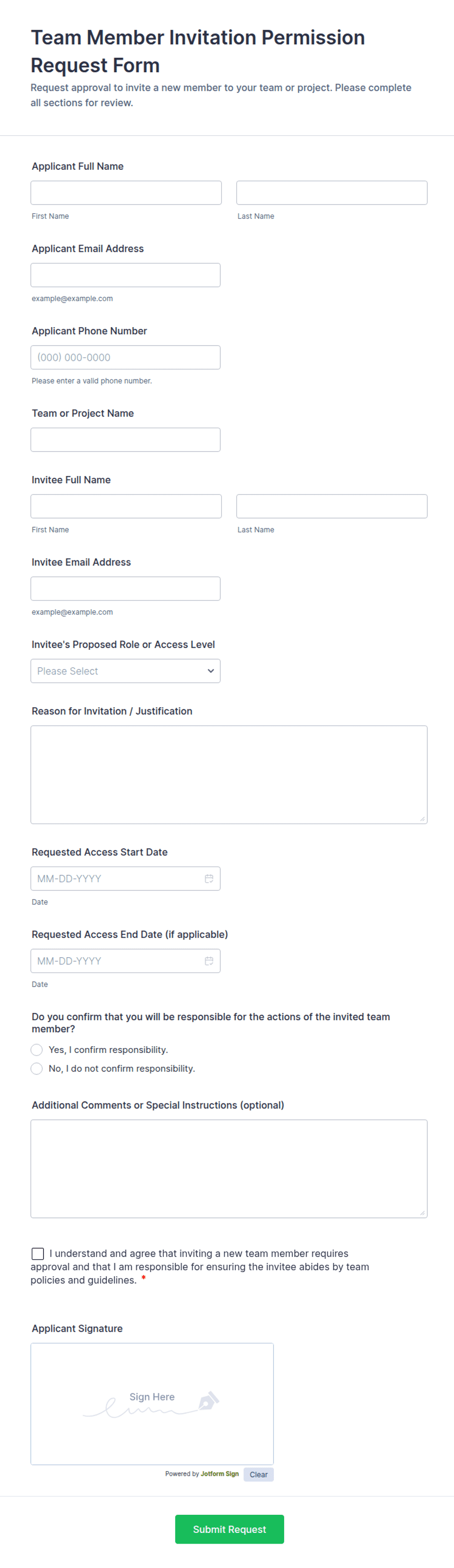 Team Member Invitation Permission Request Form Template | Jotform