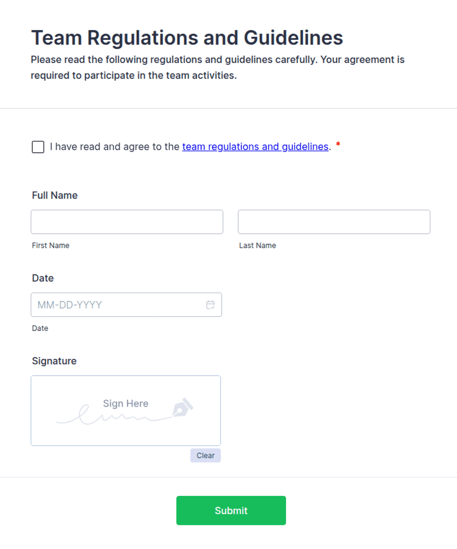 Team Regulations and Guidelines Agreement Form Template | Jotform