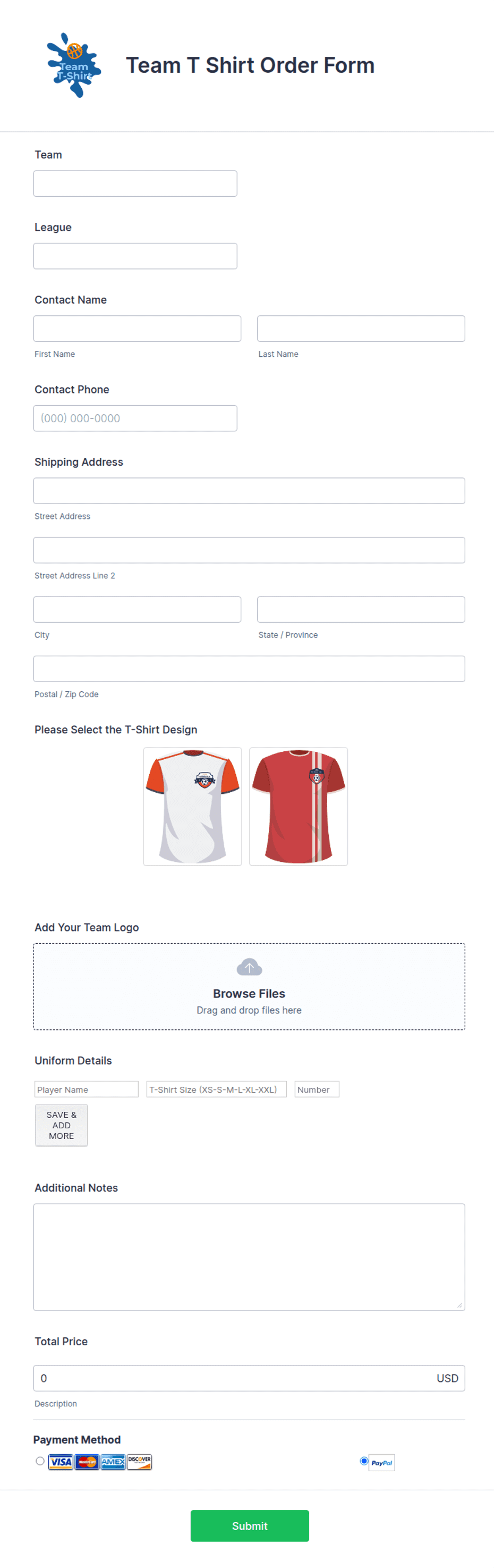 Team T Shirt Order Form Template | Jotform