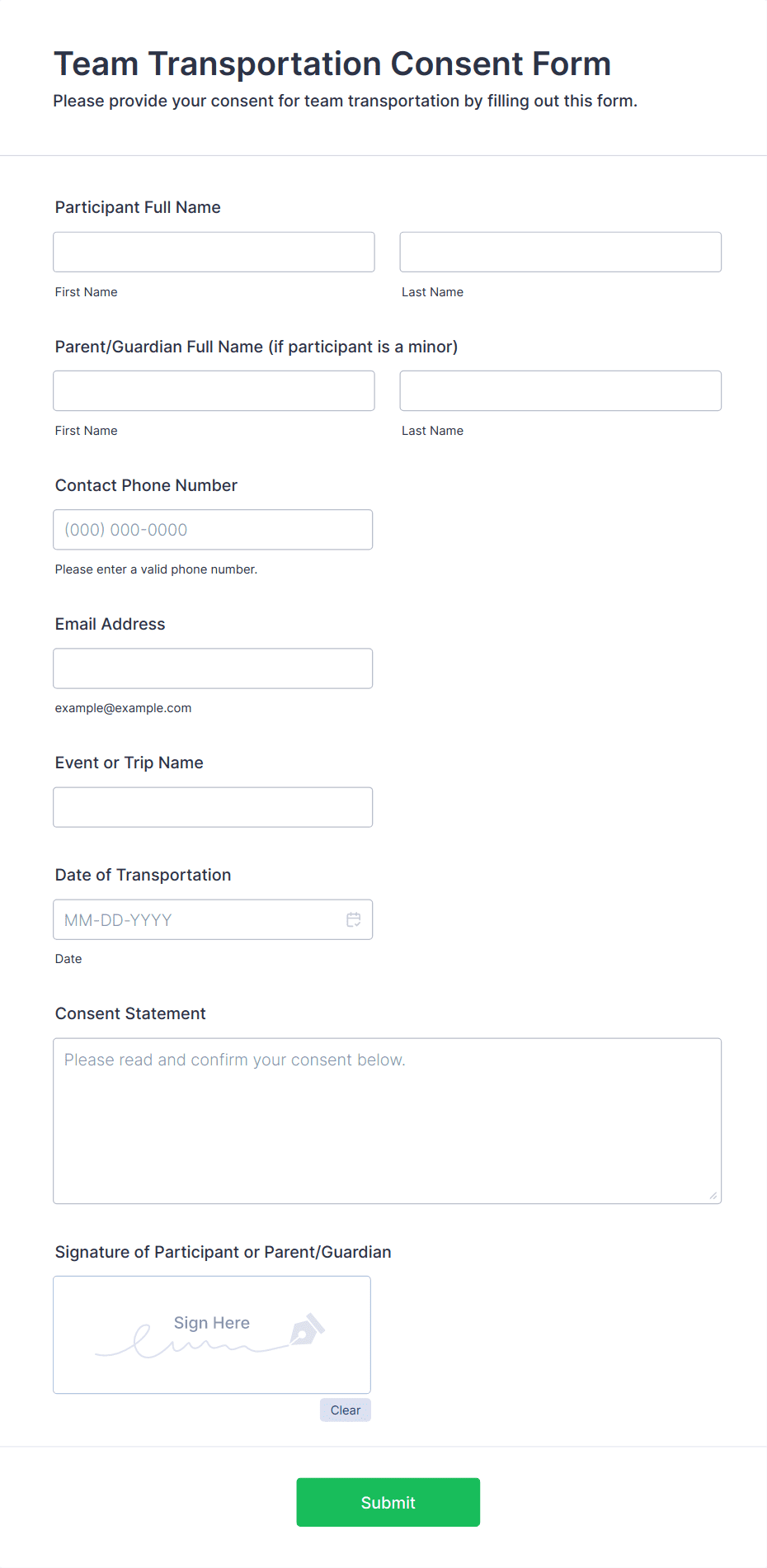 Team Transportation Consent Form Template | Jotform