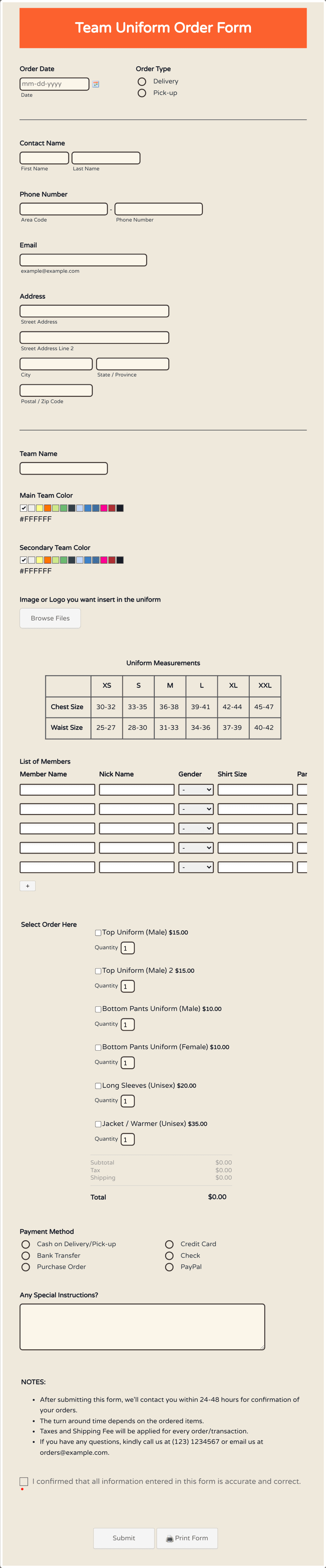 Team Uniform Order Form Template | Jotform