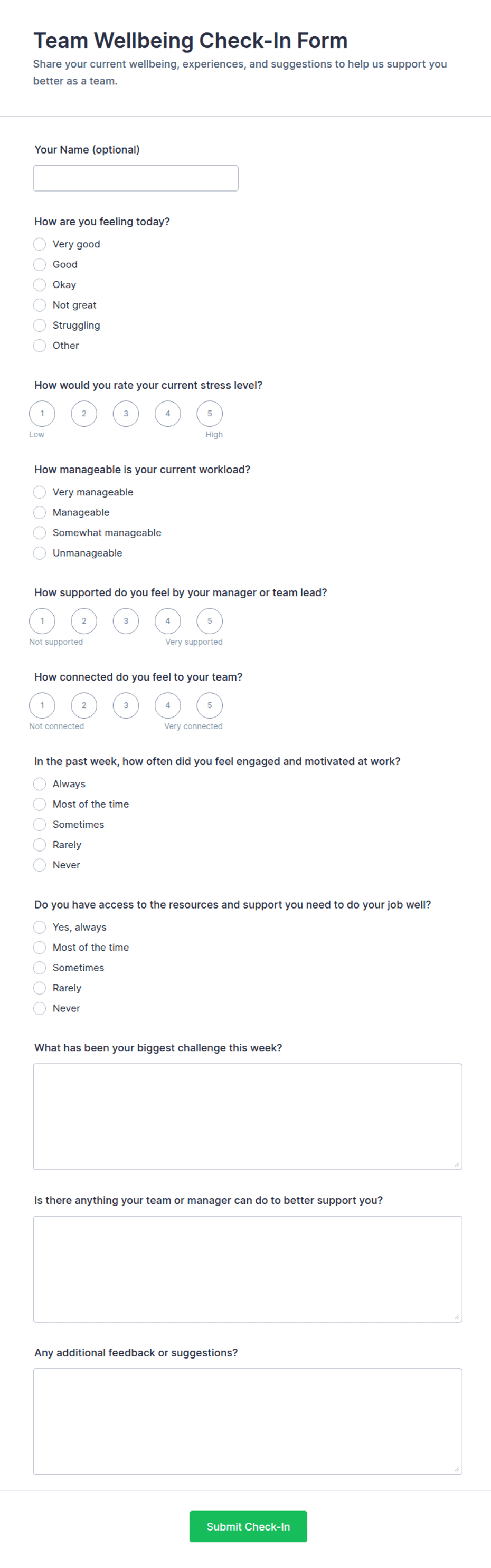 Team Wellbeing Check-In Form Template | Jotform
