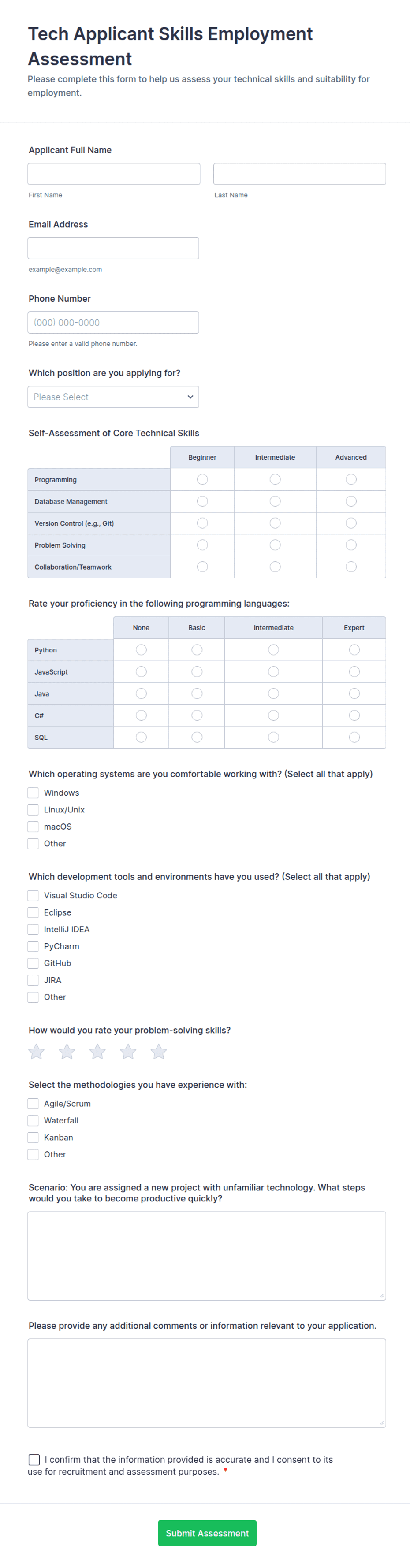 Tech Applicant Skills Employment Assessment Form Template | Jotform