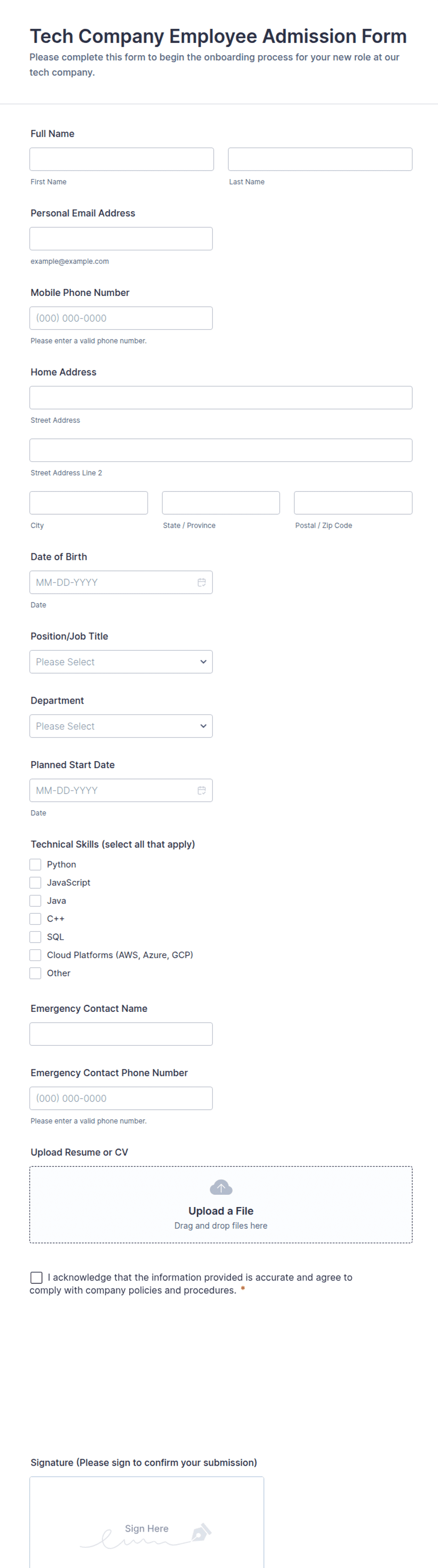 Tech Company Employee Admission Form Template | Jotform