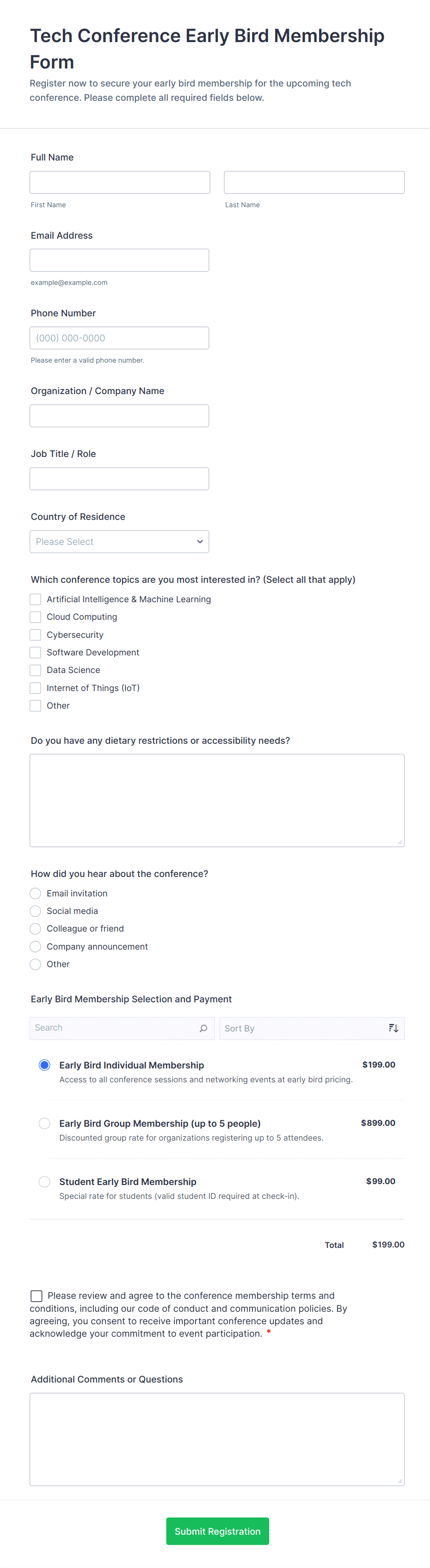 Tech Conference Early Bird Membership Form Template | Jotform