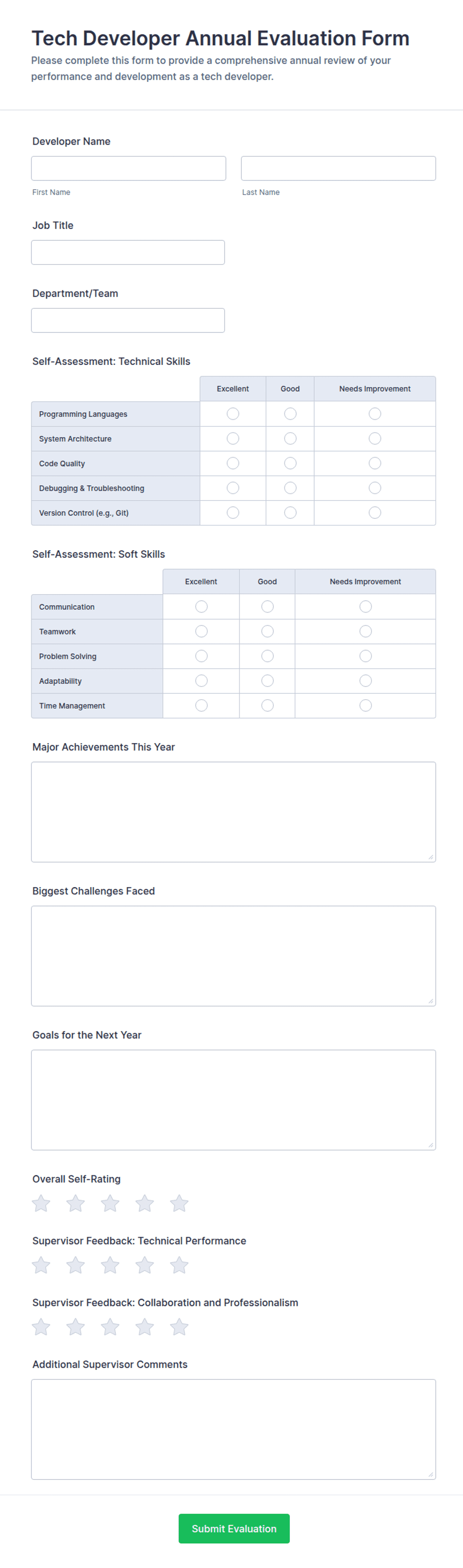 Tech Developer Annual Evaluation Form Template | Jotform