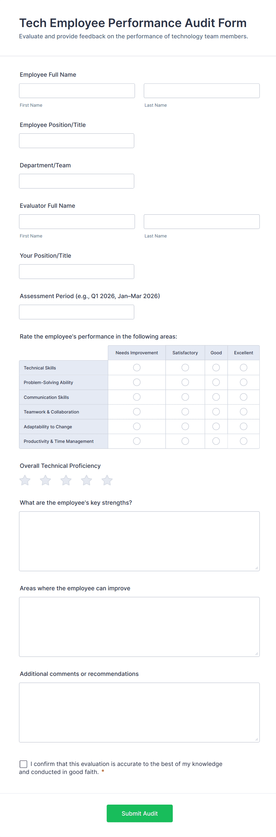 Tech Employee Performance Audit Form Template | Jotform