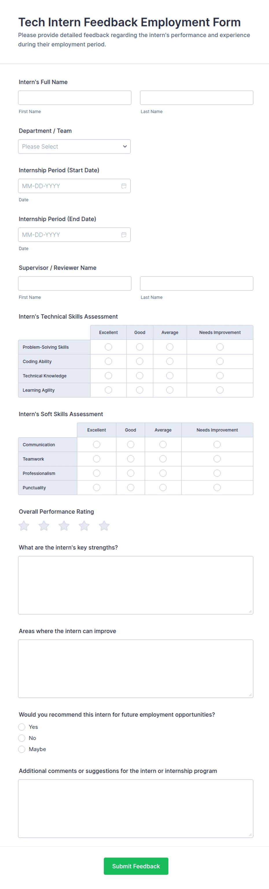 Tech Intern Feedback Employment Form Template | Jotform