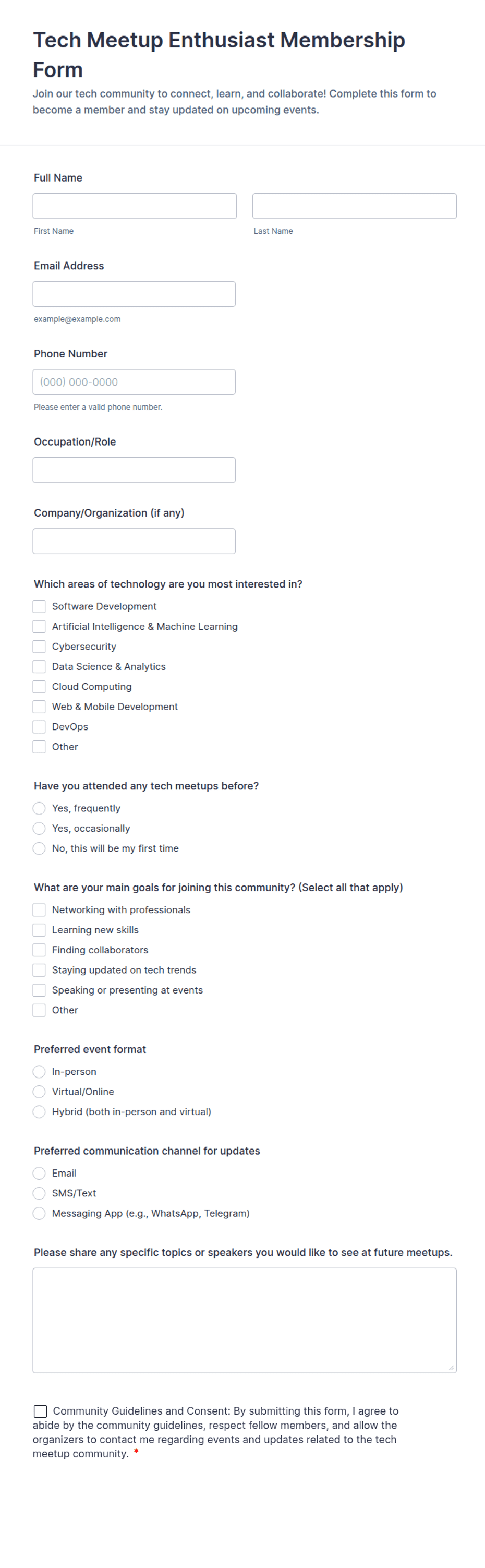 Tech Meetup Enthusiast Membership Form Template | Jotform