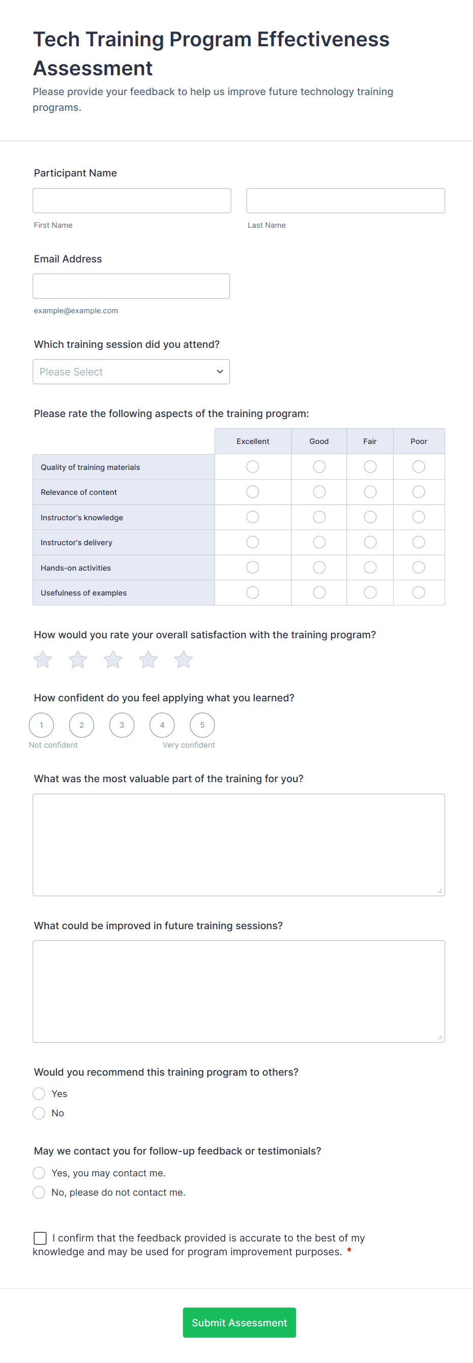 Tech Training Program Effectiveness Assessment Form Template | Jotform