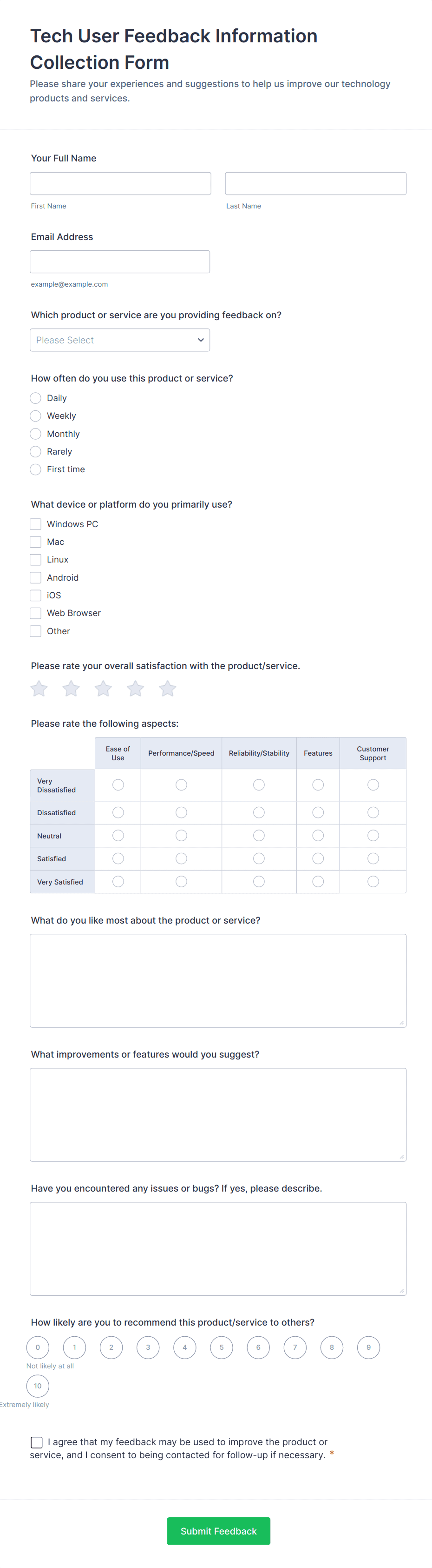 Tech User Feedback Information Collection Form Template | Jotform
