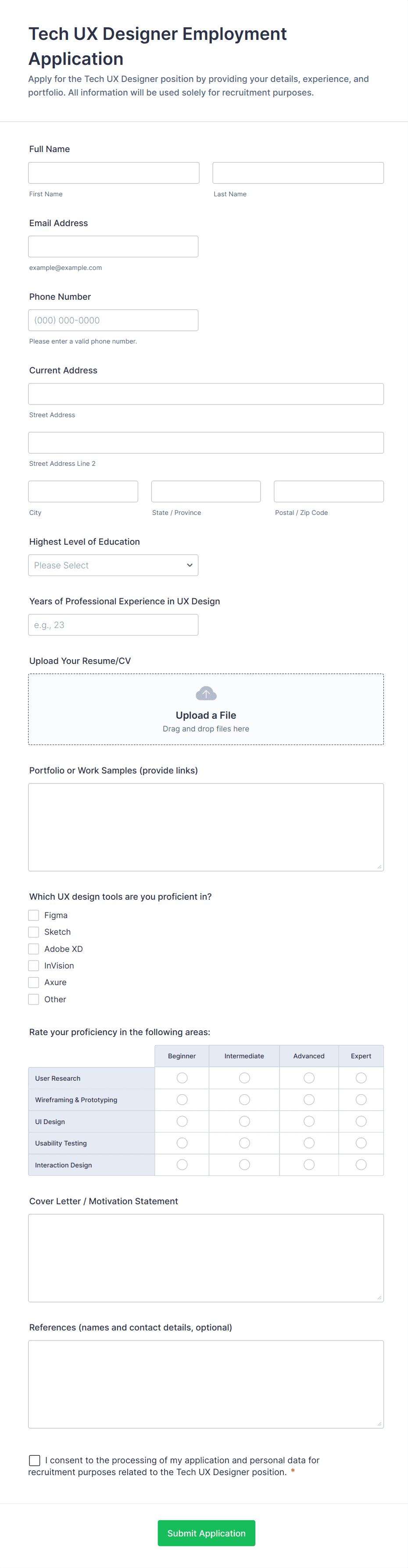 Tech UX Designer Employment Application Form Template | Jotform
