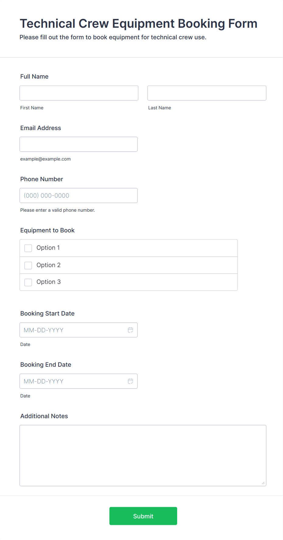 Technical Crew Equipment Booking Form Template | Jotform