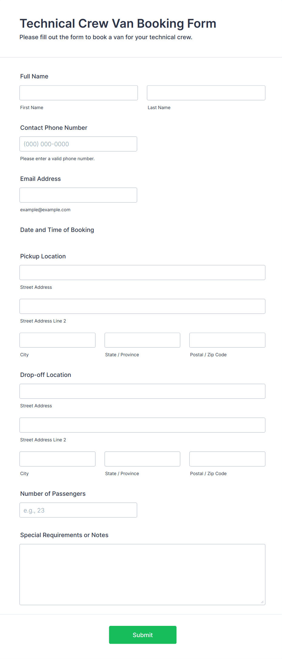 Technical Crew Van Booking Form Template | Jotform