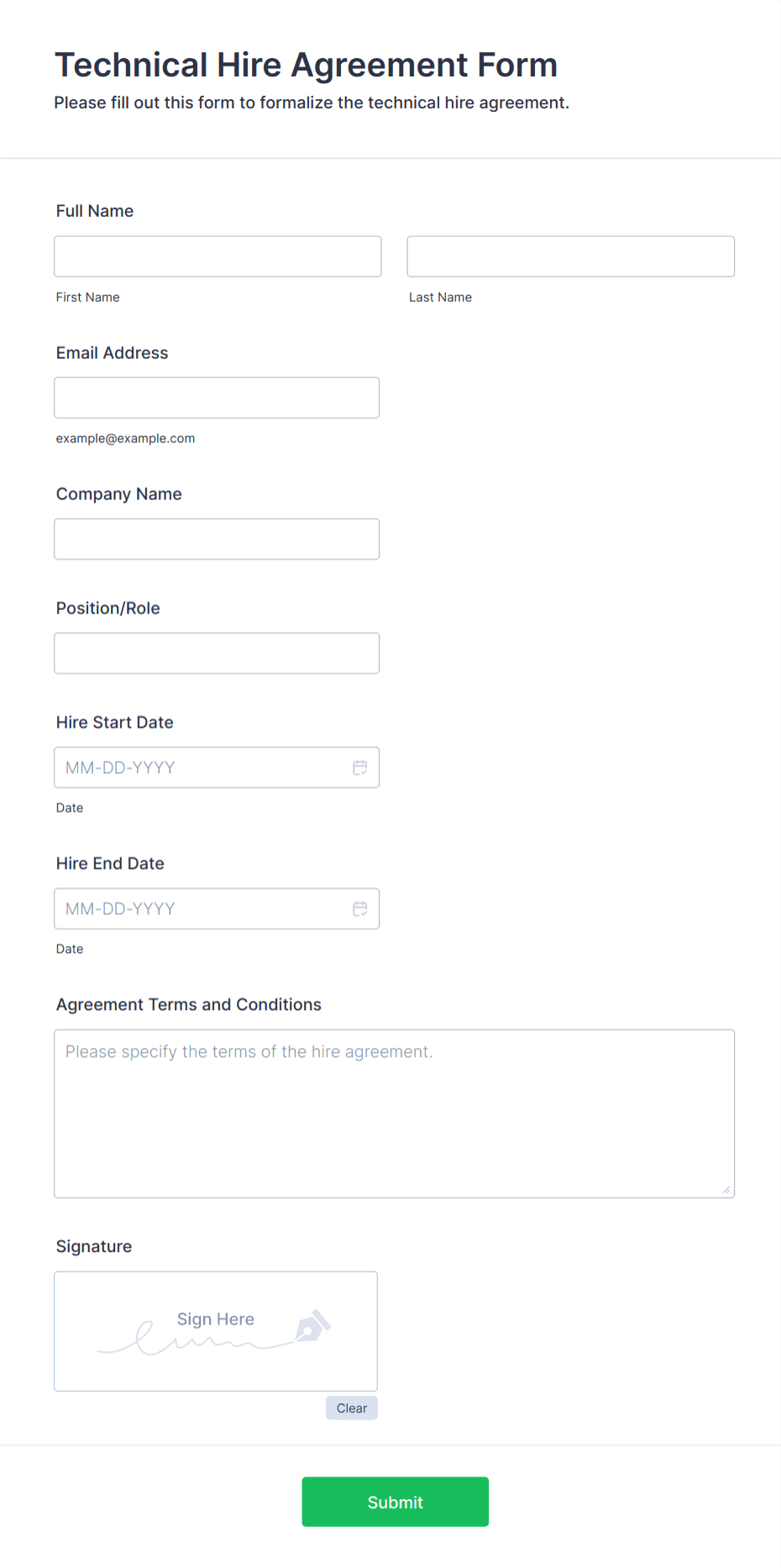 Technical Hire Agreement Form Template | Jotform