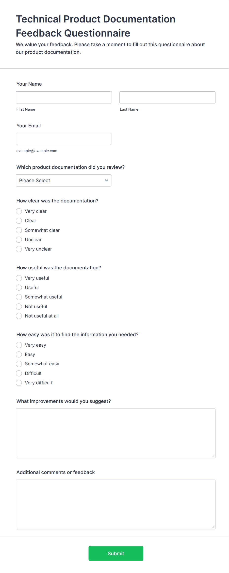 Technical Product Documentation Feedback Questionnaire Form Template | Jotform