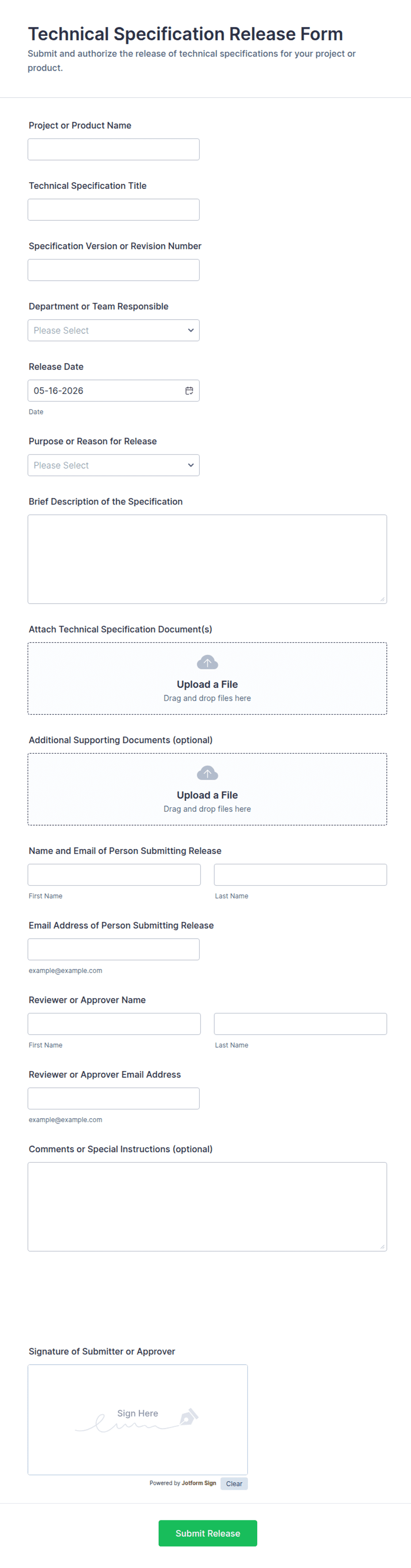 Technical Specification Release Form Template | Jotform