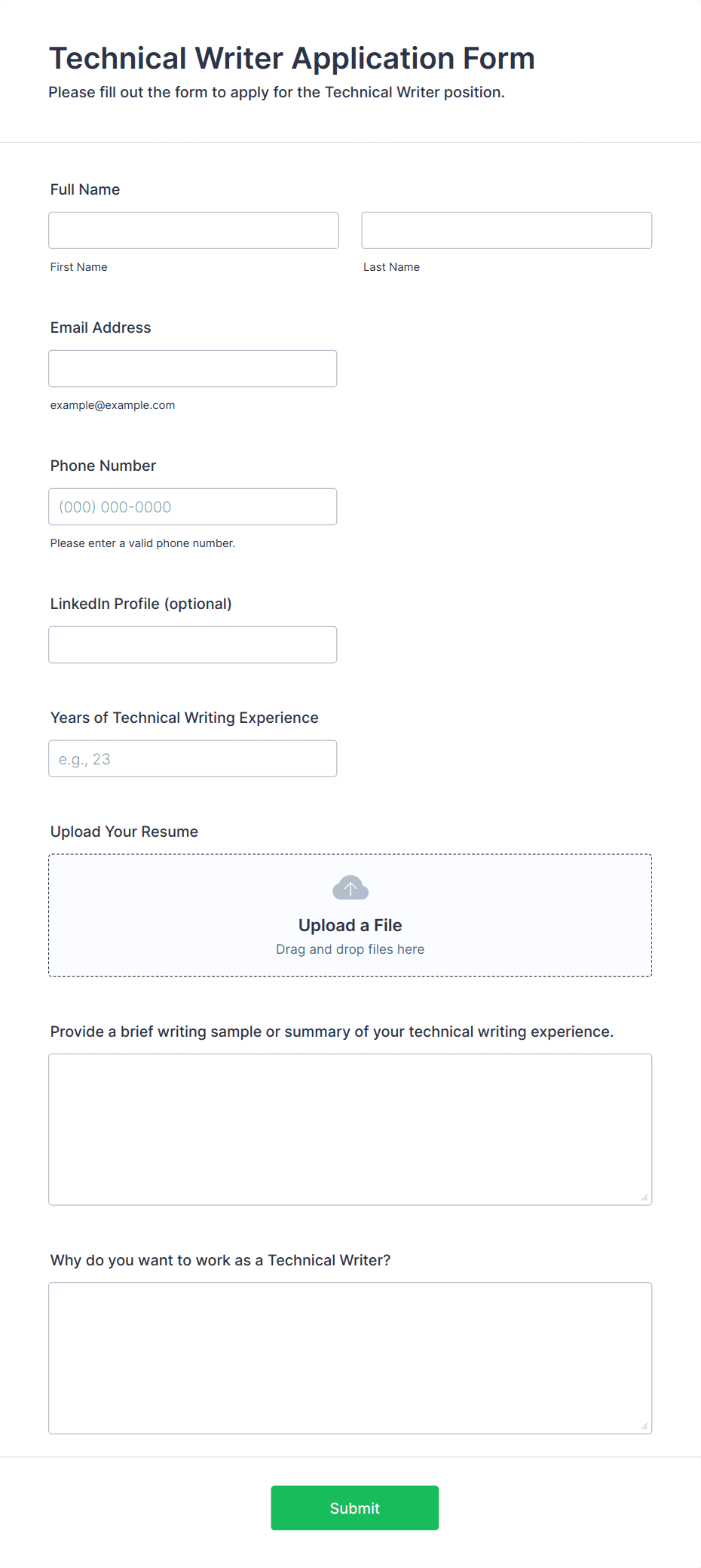 Technical Writer Application Form Template | Jotform
