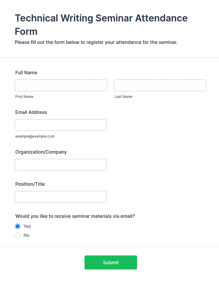 Technical Writing Seminar Attendance Form Template | Jotform