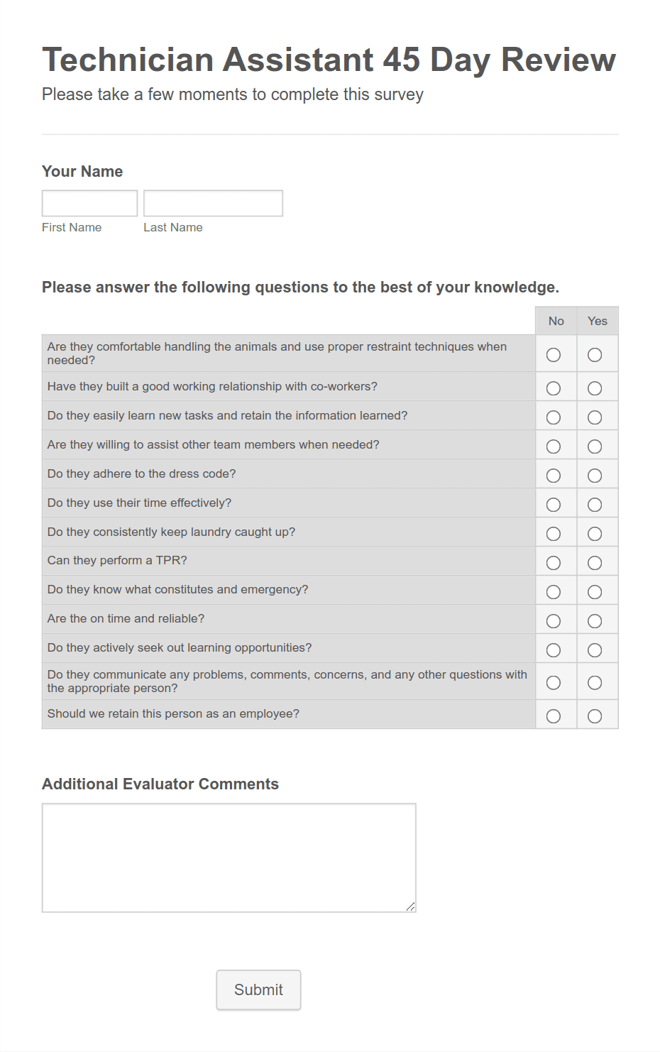 Technician Assistant 45 Day Review Form Template | Jotform