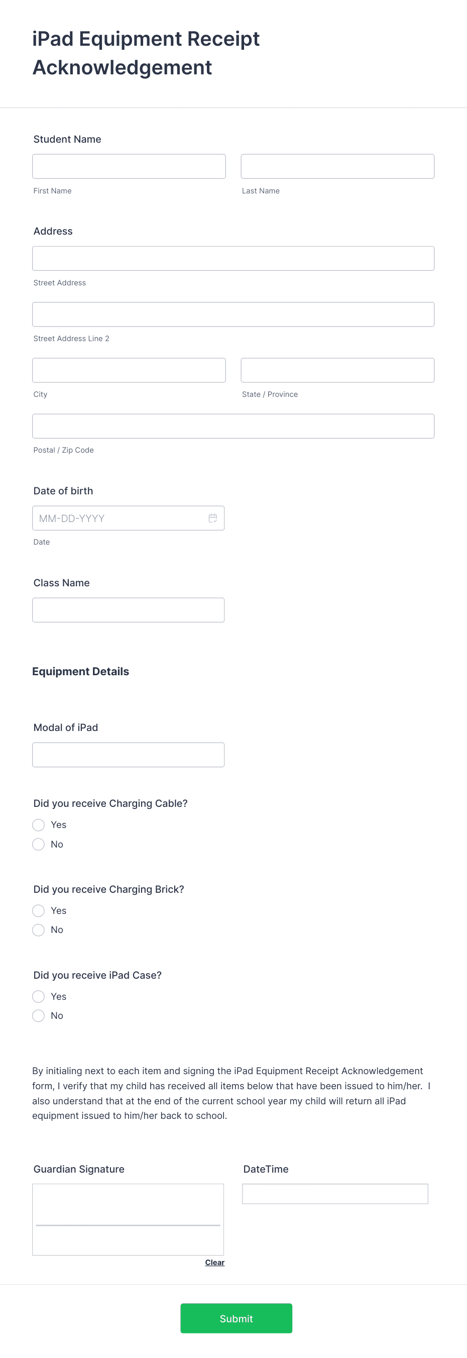 Technological Equipment Acknowledgement Form Template | Jotform