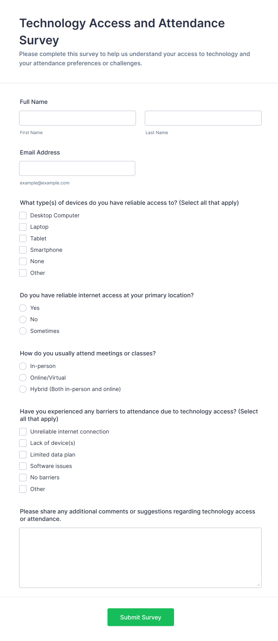 Technology Access and Attendance Survey Form Template | Jotform