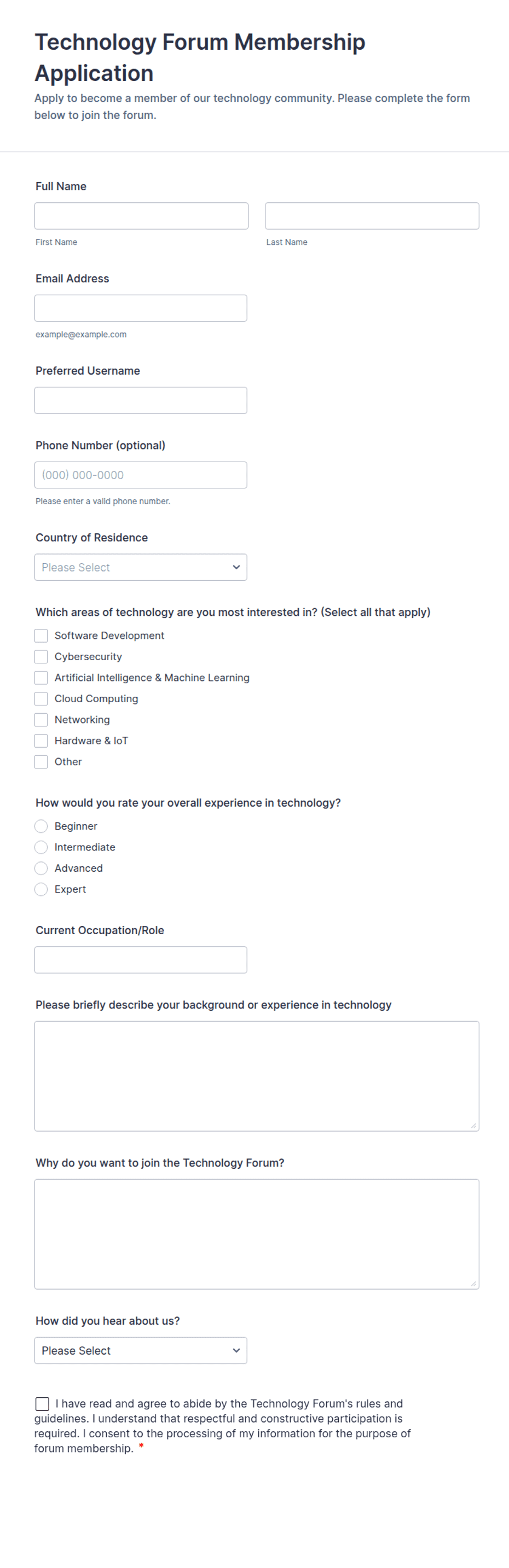 Technology Forum Membership Application Form Template | Jotform