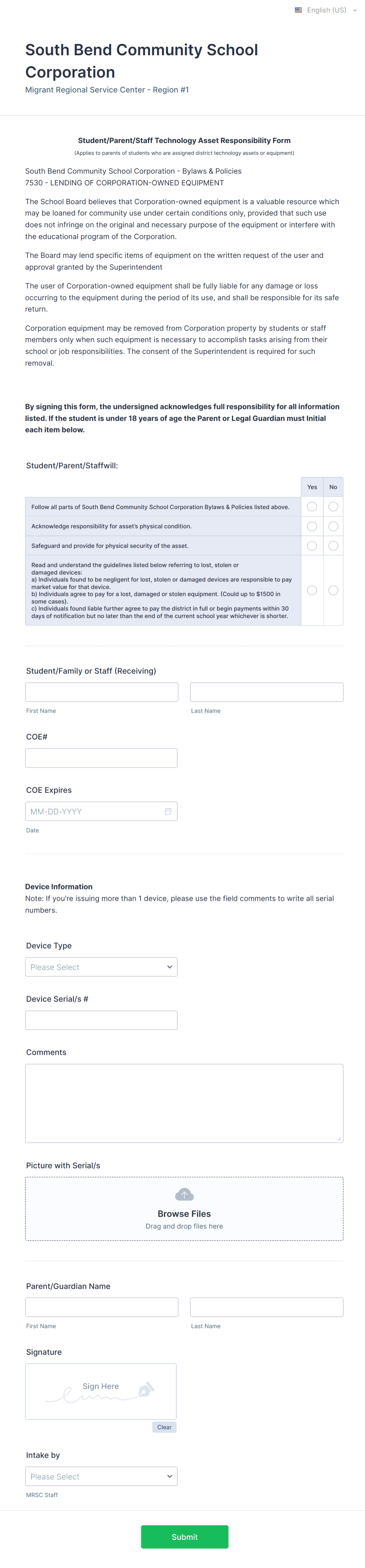 Technology Responsibility Form (ENG & SPA) Form Template | Jotform