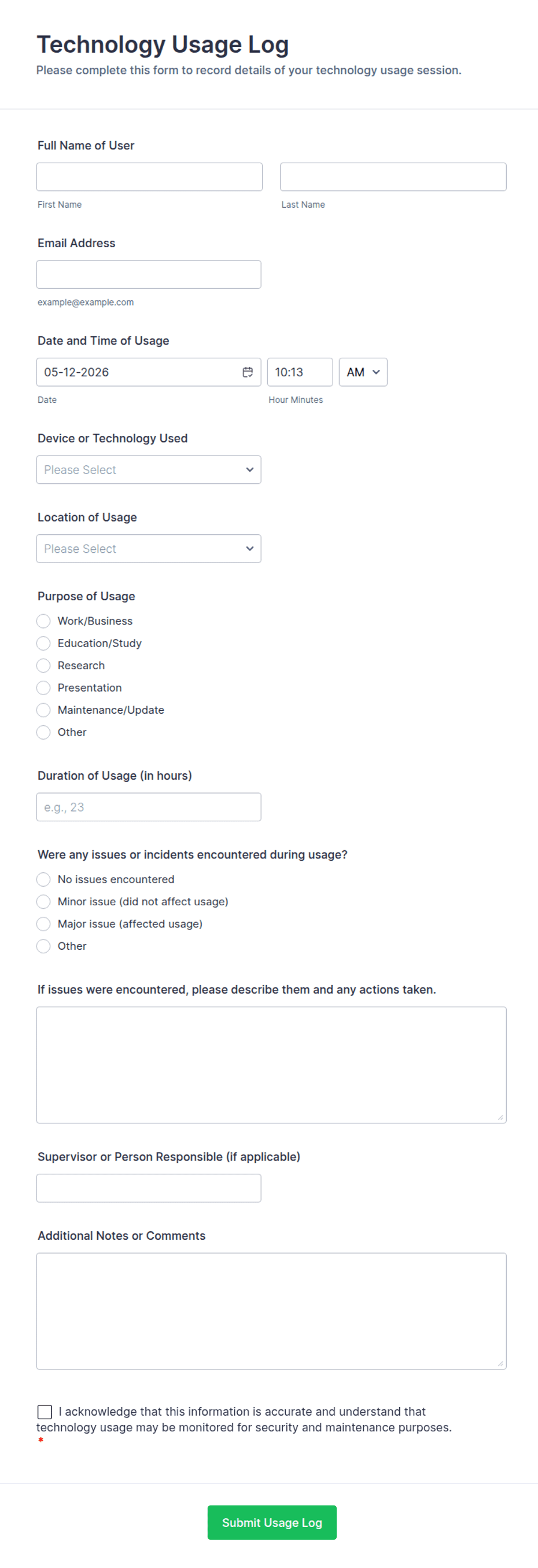 Technology Usage Log Form Template | Jotform