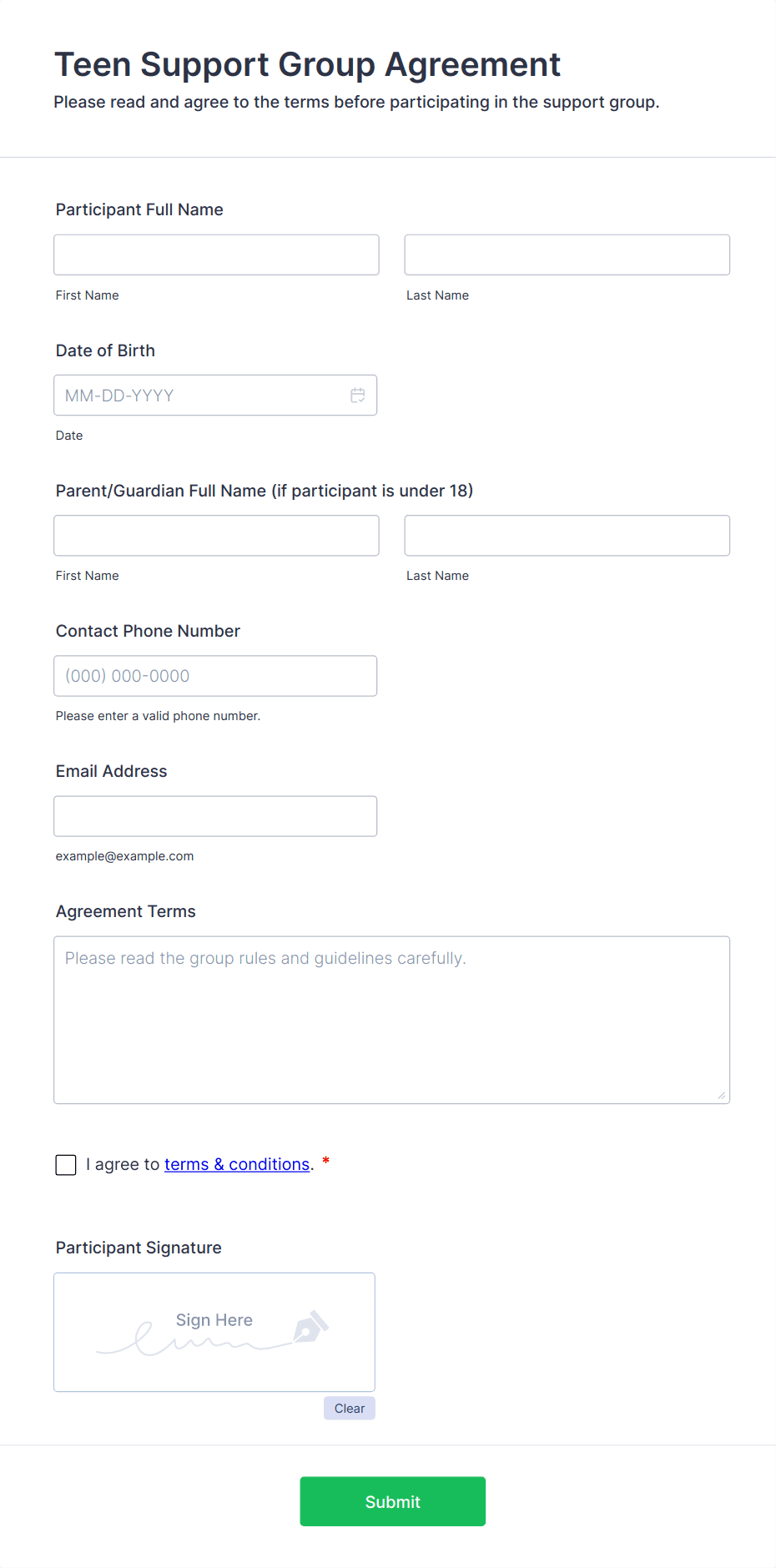 Teen Support Group Agreement Form Template | Jotform