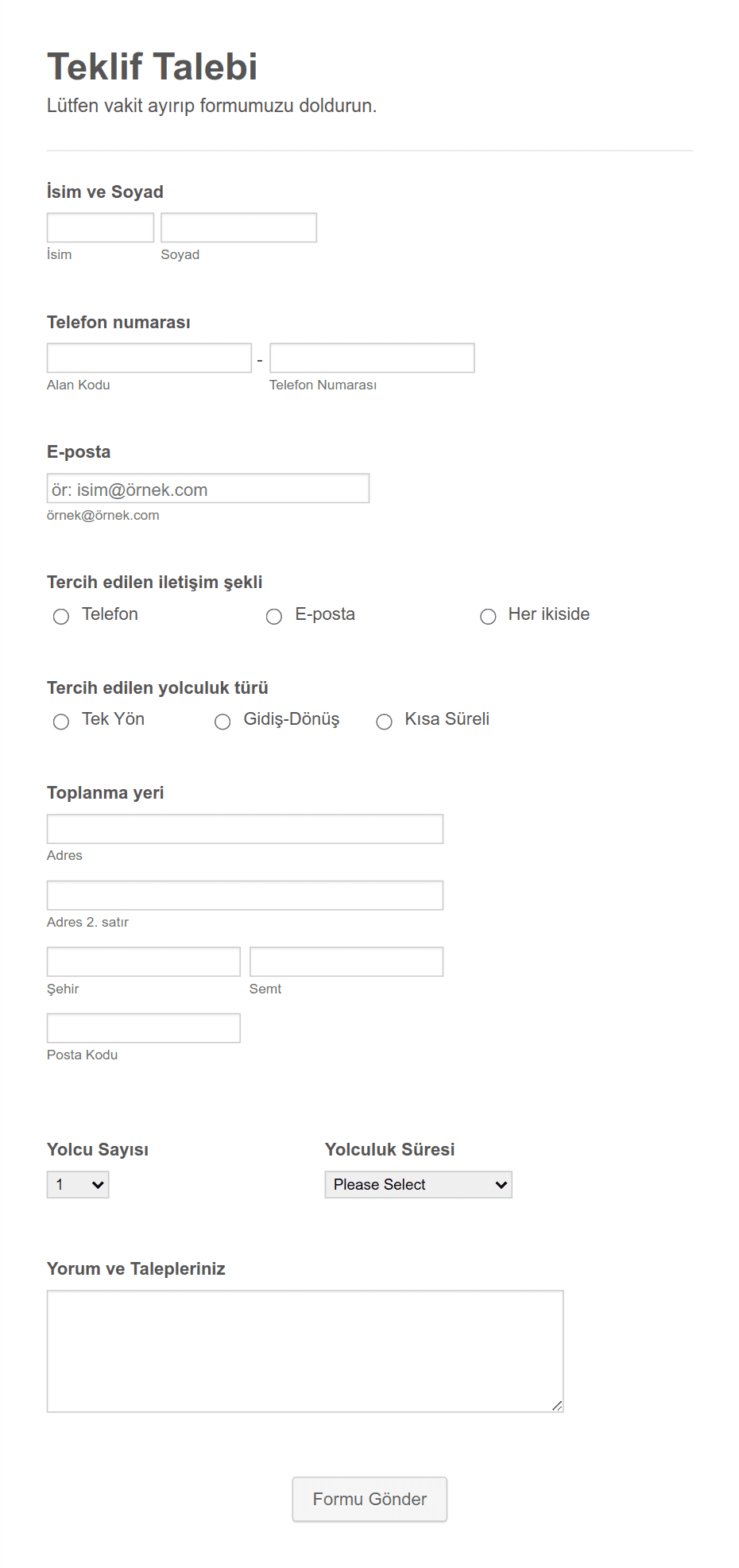 Teklif Talebi Formu Örneği | Jotform