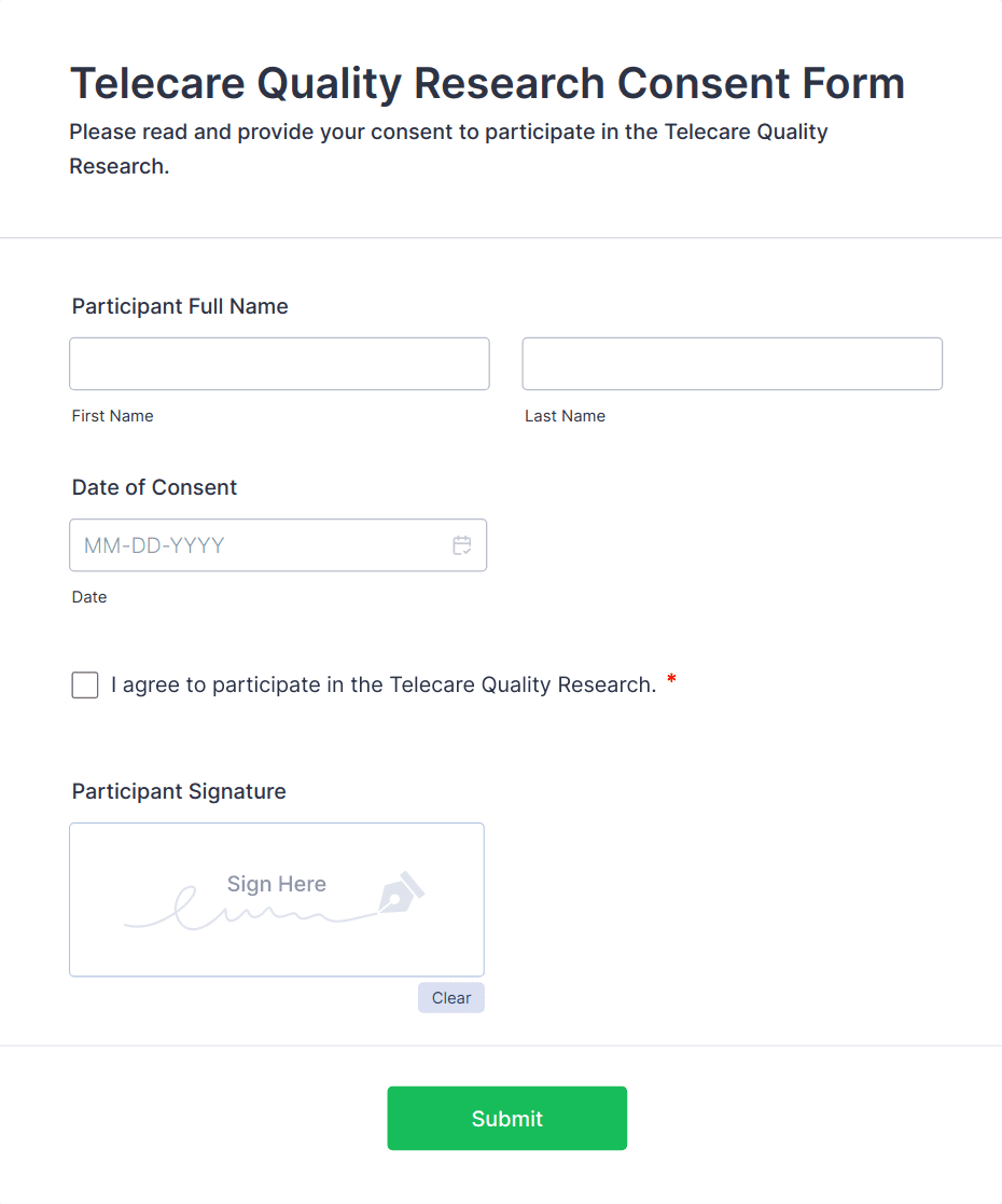 Telecare Quality Research Consent Form Template | Jotform