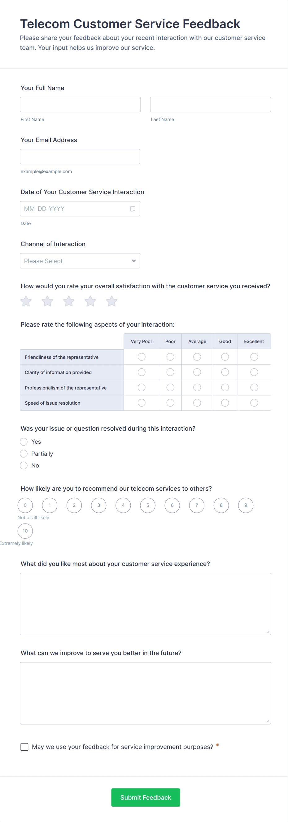 Telecom Customer Service Feedback Form Template | Jotform