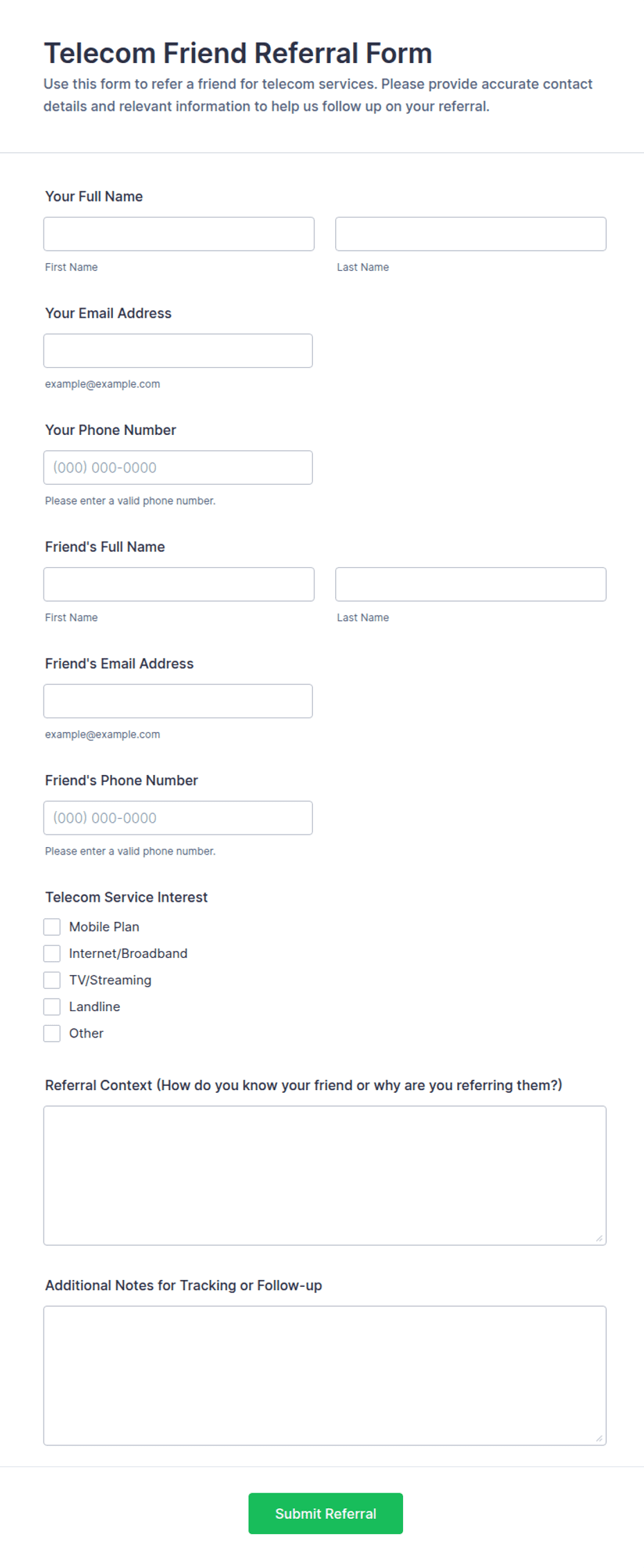 Telecom Friend Referral Form Template | Jotform