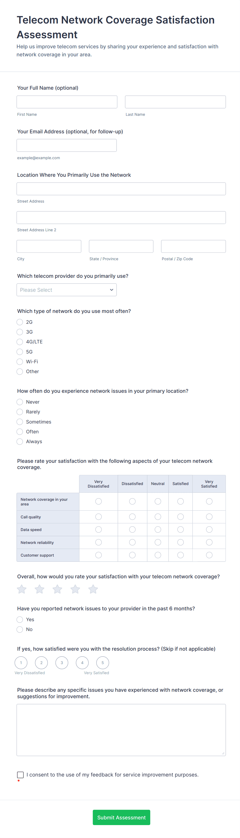 Telecom Network Coverage Satisfaction Assessment Form Template | Jotform