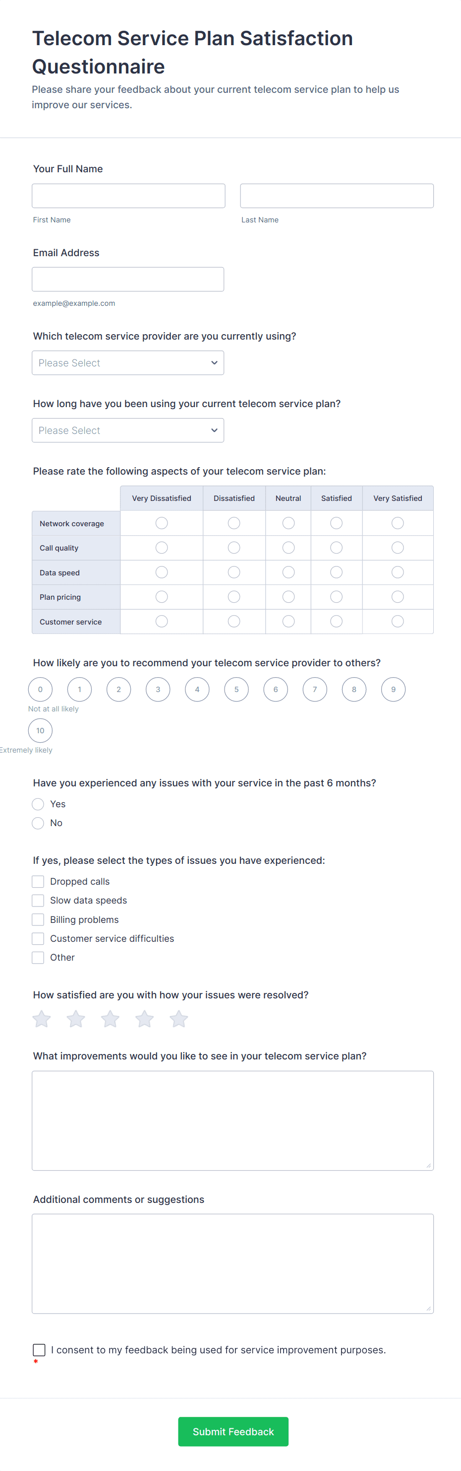 Telecom Service Plan Satisfaction Questionnaire Form Template | Jotform