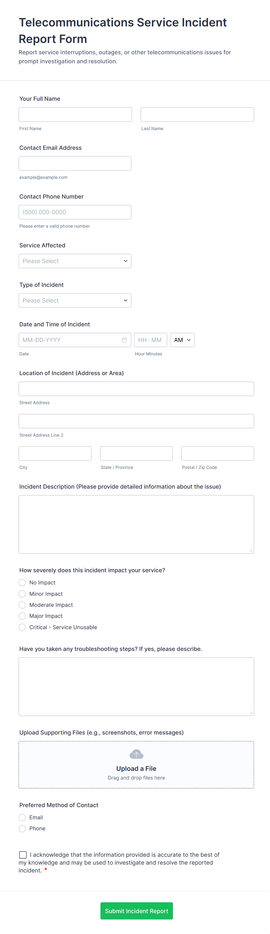Telecommunications Service Incident Report Form Template | Jotform