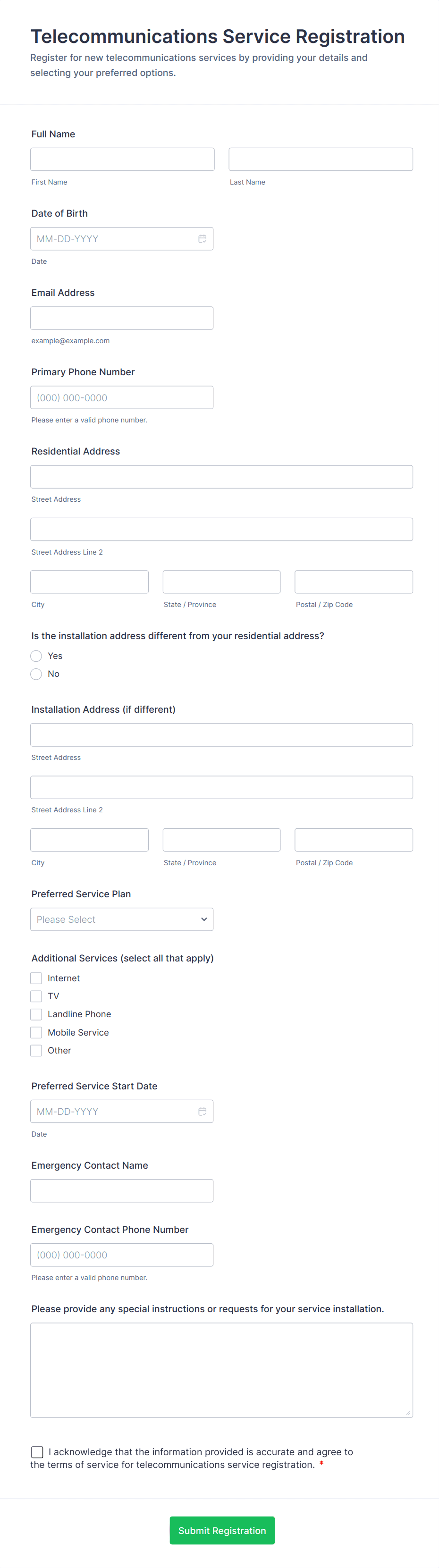 Telecommunications Service Registration Form Template | Jotform