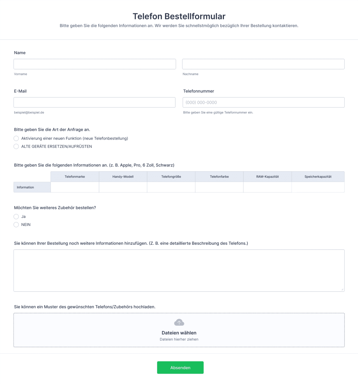 Telefon Bestellformular Formularvorlage | Jotform