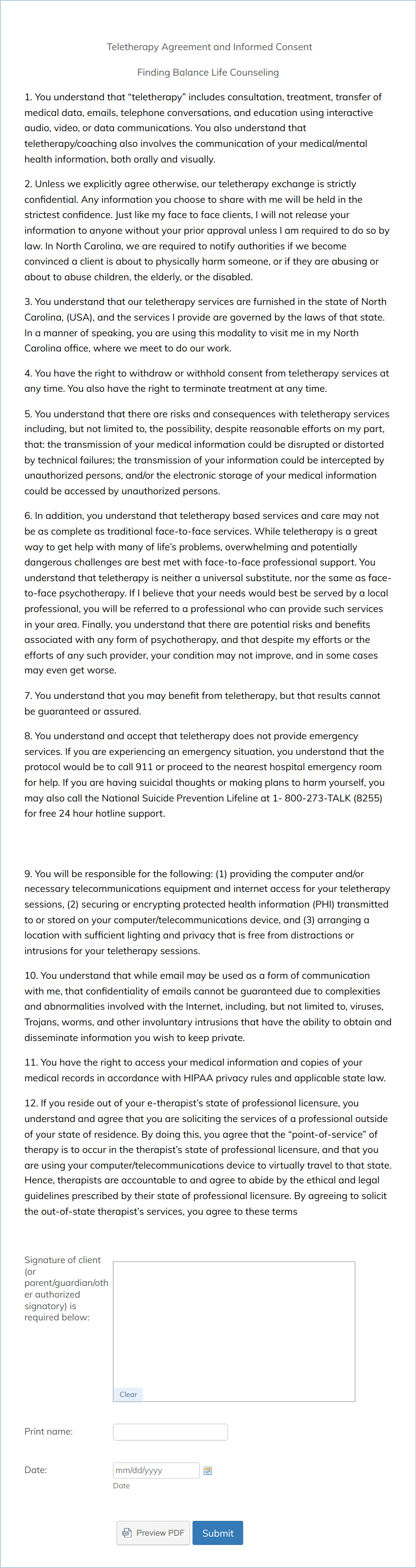 Telehealth Agreement and Informed Consent Form Template | Jotform