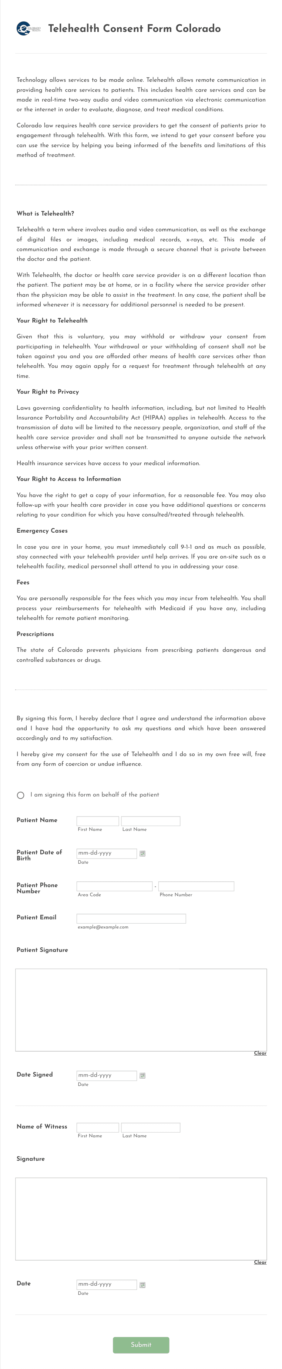 Telehealth Consent Form Colorado Form Template | Jotform