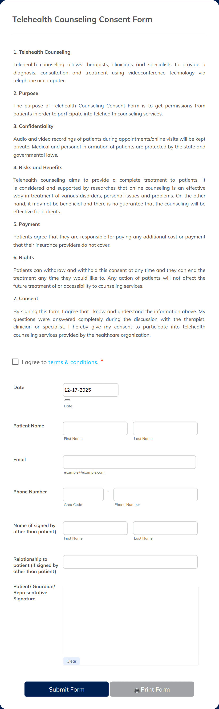 Telehealth Counseling Consent Form Template | Jotform
