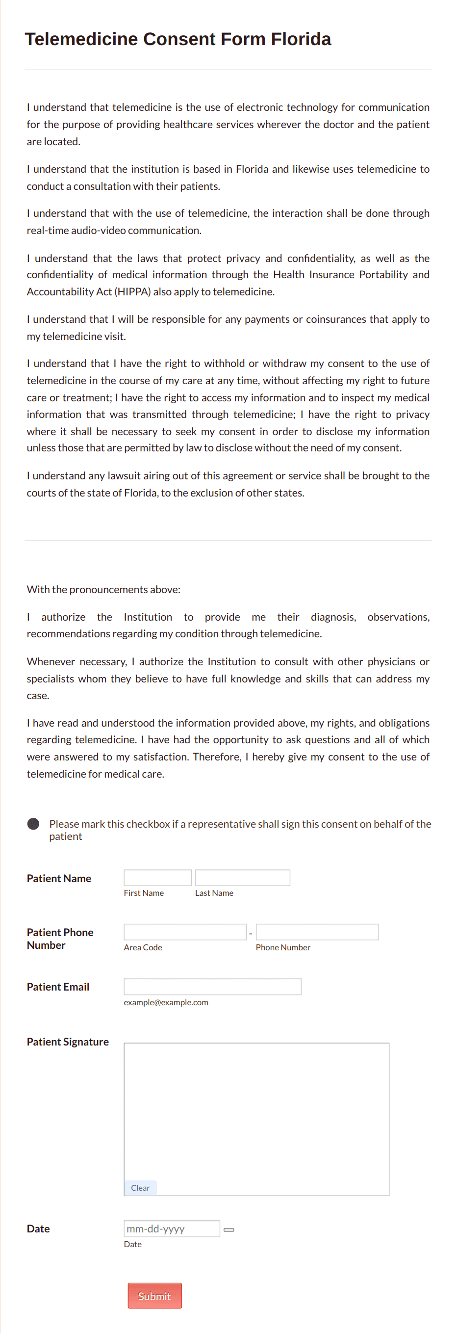 Telemedicine Consent Form Florida Form Template | Jotform