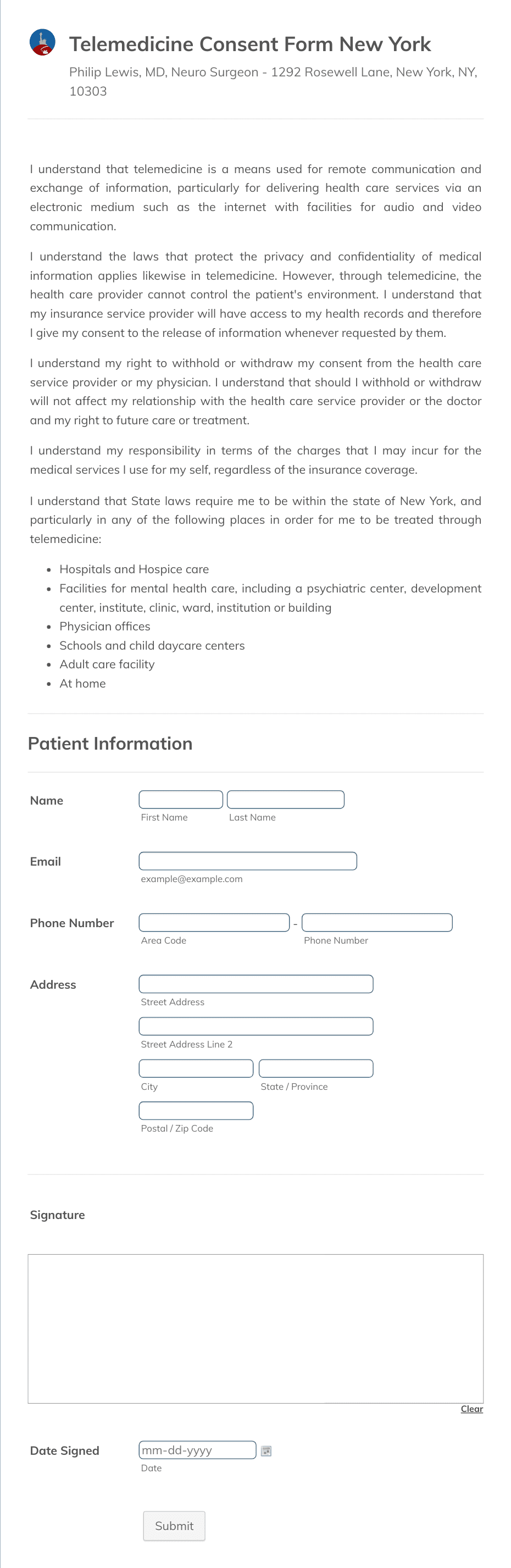 Telemedicine Consent Form New York Form Template | Jotform