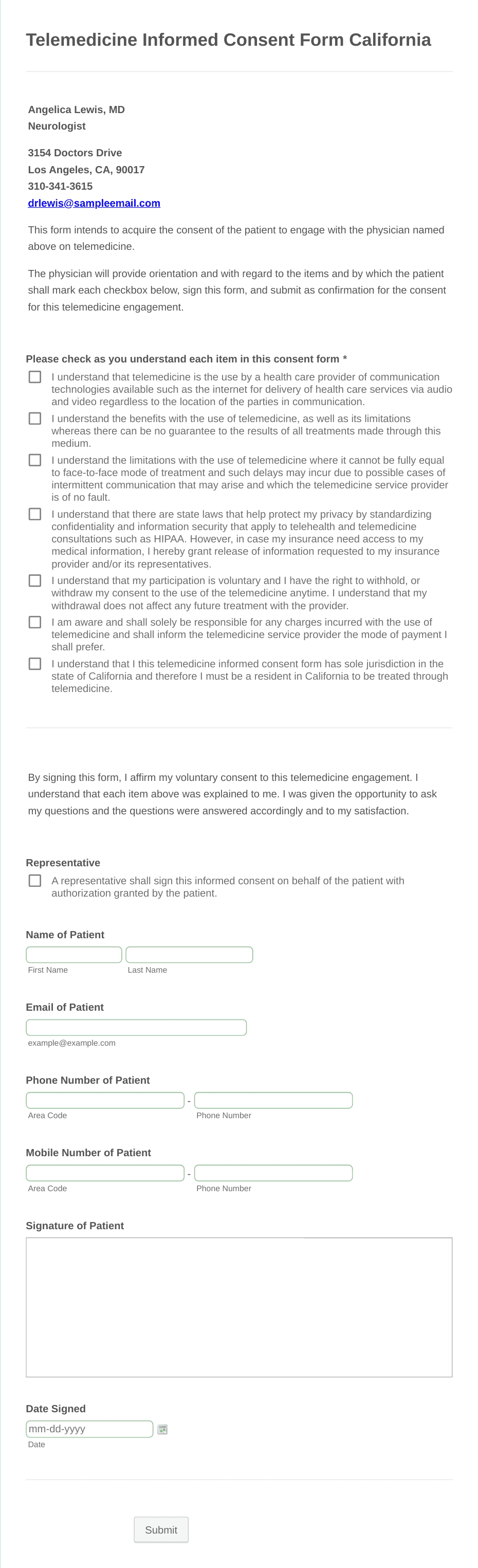 Telemedicine Informed Consent Form California Form Template | Jotform