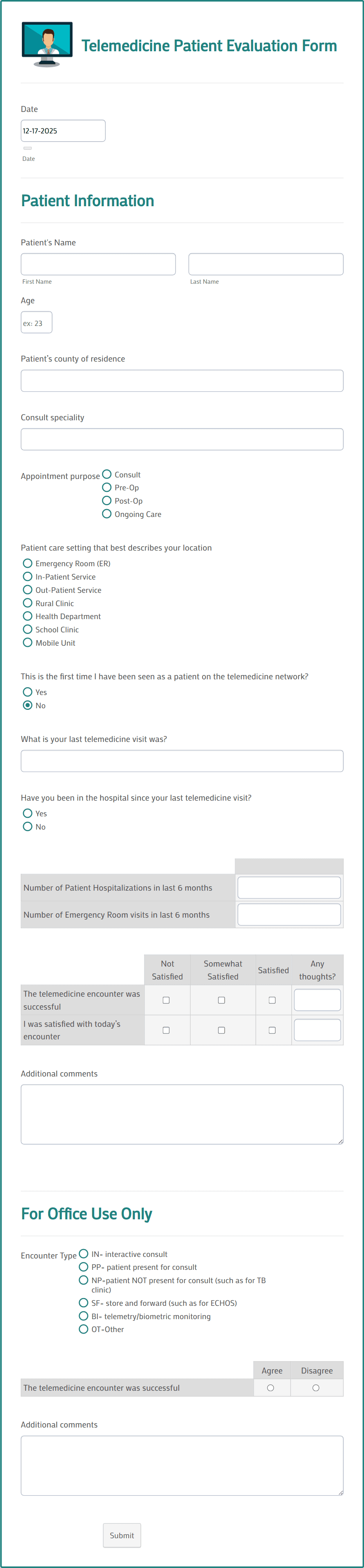 Telemedicine Patient Evaluation Form Template | Jotform