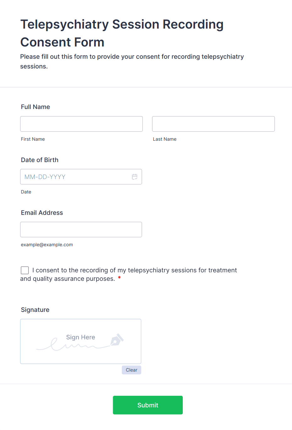 Telepsychiatry Session Recording Consent Form Template | Jotform