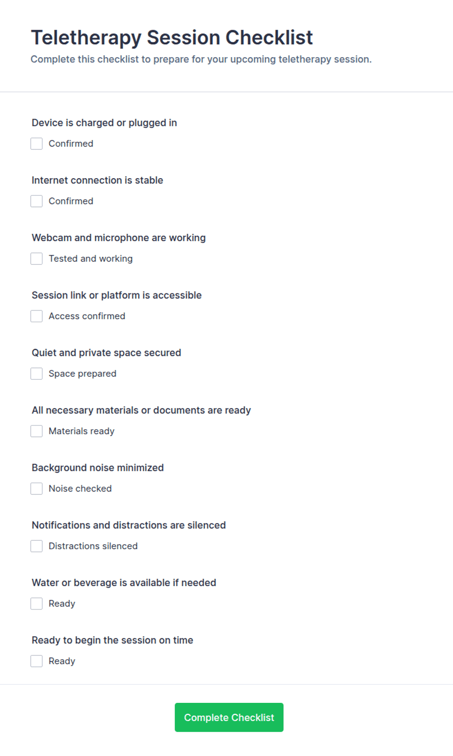 Teletherapy Session Checklist Form Template | Jotform