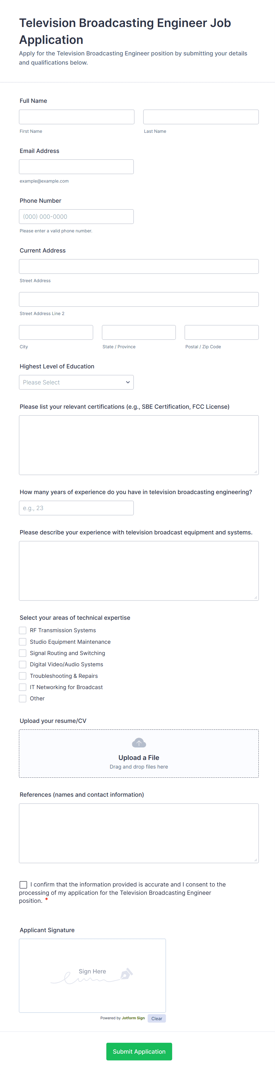 Television Broadcasting Engineer Job Application Form Template | Jotform