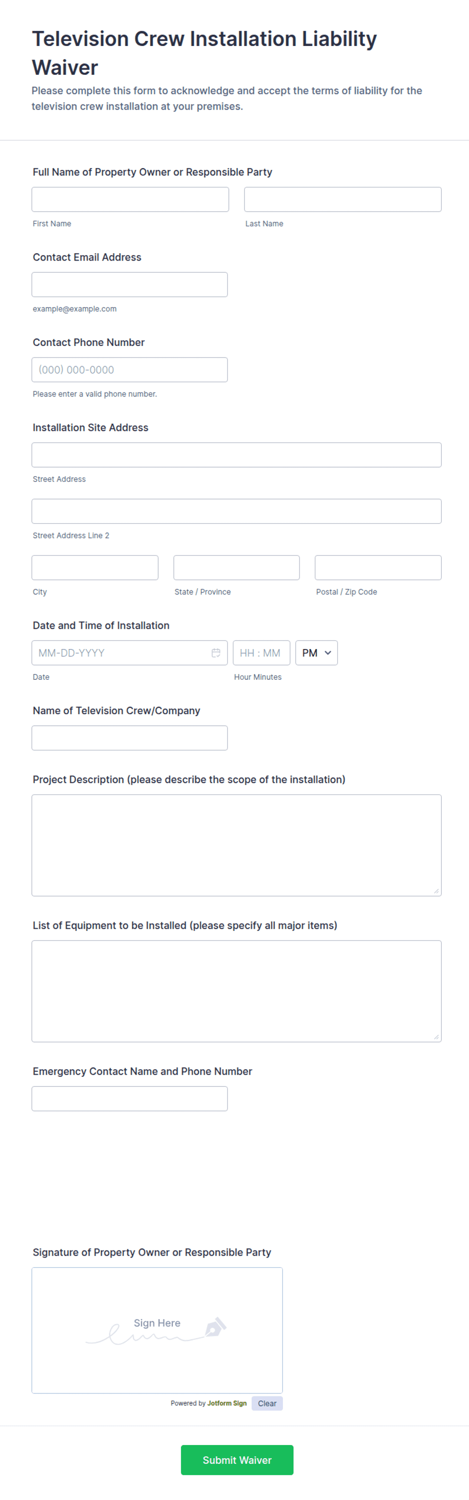 Television Crew Installation Liability Waiver Form Template | Jotform
